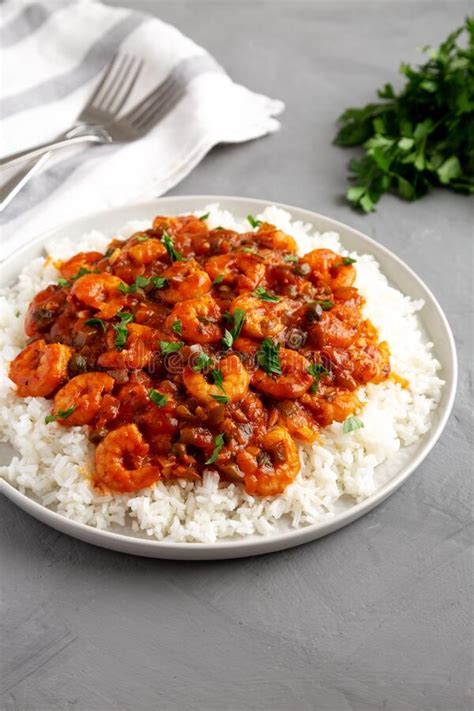 Homemade Cuban Shrimp Creole On A Plate On A Gray Surface Side View