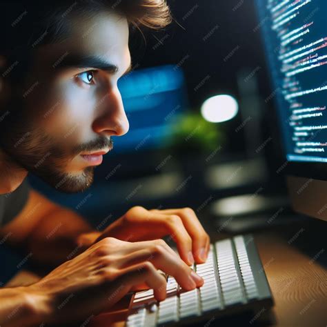 A Man Is Typing On A Computer Keyboard In A Dimly Lit Room Premium Ai Generated Image