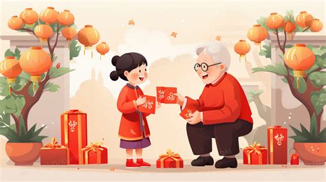 过年家中小孩给老人长辈送礼物温馨插画图片素材下载格式熊猫办公