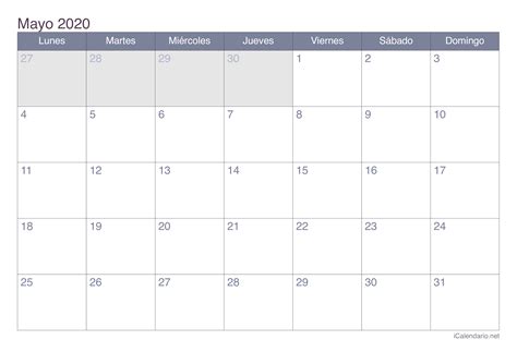 Calendario Mayo 2020 Para Imprimir