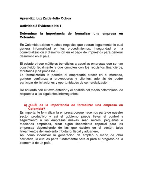 Determinar La Importancia De Formalizar Una Empresa En Colombia Pdf