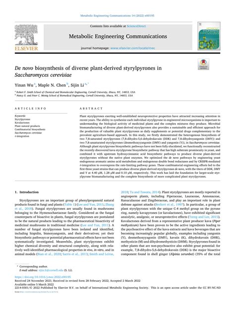 Pdf De Novo Biosynthesis Of Diverse Plant Derived Styrylpyrones In Saccharomyces Cerevisiae