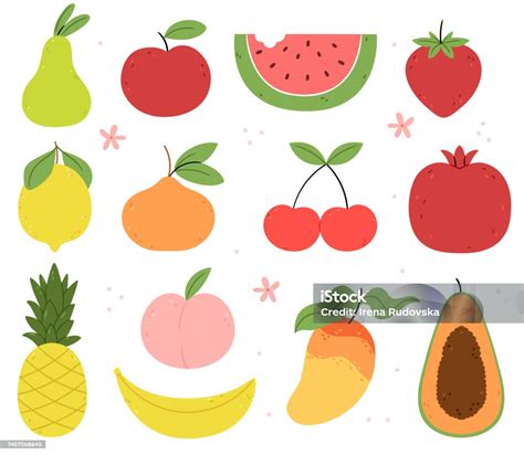 여름 과일과 열매 세트 유기농 제품 사과 오렌지 수박 딸기 배 파파야 바나나 레몬 파인애플 여름 꽃 감귤류 과일에 대한 스톡 벡터 아트 및 기타 이미지 Istock
