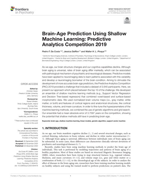PDF Brain Age Prediction Using Shallow Machine Learning Predictive Analytics Competition