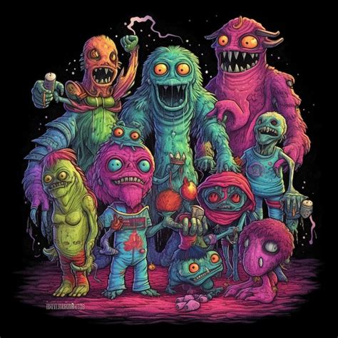 Premium AI Image A Group Of Cartoon Monsters With Glowing Eyes And Glowing Teeth Generative Ai