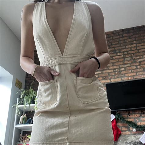 Cream Colored Denim Overall Mini Dress Brand Depop