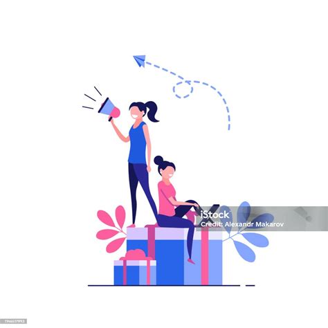 친구 벡터 일러스트 레이 션 개념을 참조 하십시오 젊은 남자와 여자의 그룹은 돈과 선물에 대 한 고객을 끈다 친구를 위한 추천 프로그램 및 소셜 미디어 마케팅 소셜 미디어