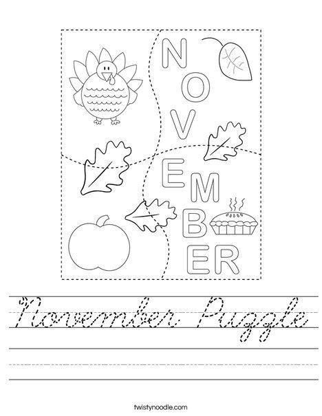 November Puzzle Worksheet Cursive Twisty Noodle