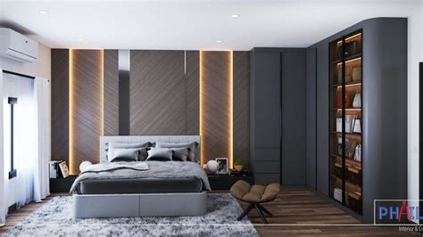 [phailin Interior Design] 💒ห้องนอนใหญ่สไตล์โมเดิร์น ตกแต่งเตียง ตู้ เป็นสีเทาตัดกับสีขาวของกำแพง