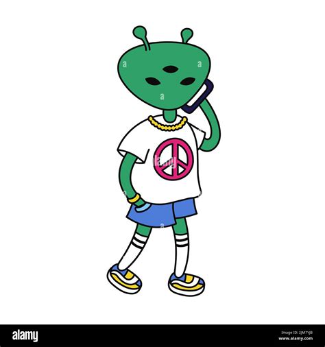 Funny Hipster Alien Walk Vector Trendy Doodle Cartoon Style Character