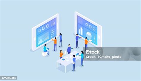 關於報表圖形儀表板的等距商務分析師團隊監控和業務團隊工作會議概念向量圖形及更多等軸測投影圖片 等軸測投影 電腦熒光幕 數據 Istock