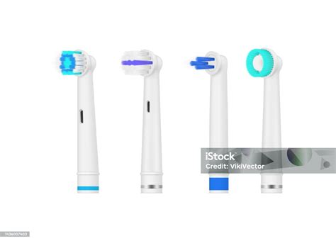 전기 칫솔 세트 현실적인 벡터 이동식 치과 의사 위생 제품을위한 노즐 3차원 형태에 대한 스톡 벡터 아트 및 기타 이미지 3