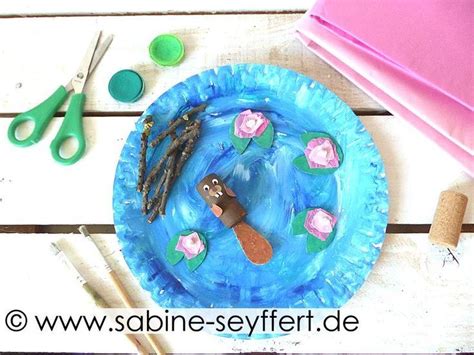 Kreative Upcycling Bastelidee für Kinder Süße Biber im Seerosen Teich selbermachen Basteln