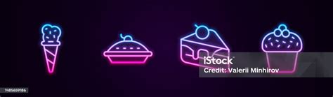 Vetores De Linha Set Sorvete Em Cone De Waffle Torta Caseira Pedaço De