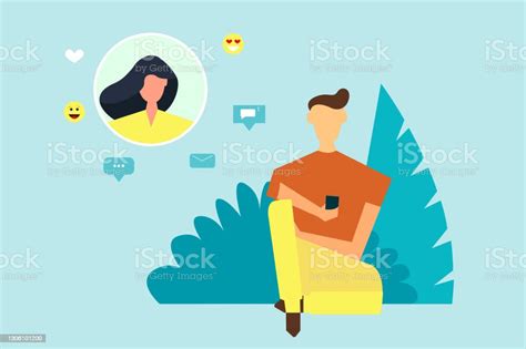 남자는 스마트 폰 소셜 네트워크 아이콘을 사용하는 소녀와 일치합니다 플랫 스타일로 벡터 그림의 개념입니다 개념에 대한 스톡 벡터