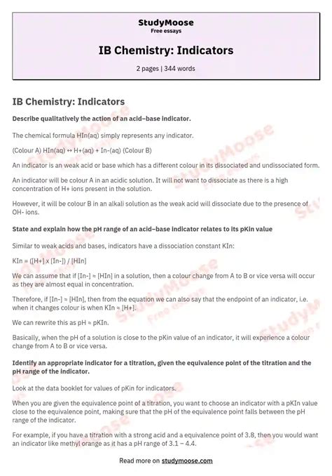 IB Chemistry Indicators Free Essay Example