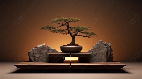 갈색 배경에 분재 나무 일본 석재 연단의 제품 프레젠테이션 향상 3d 렌더링 연단 배경 분재 나무 배경 일본 나무 배경 이미지 Hd 연단 분재 나무 일본 나무