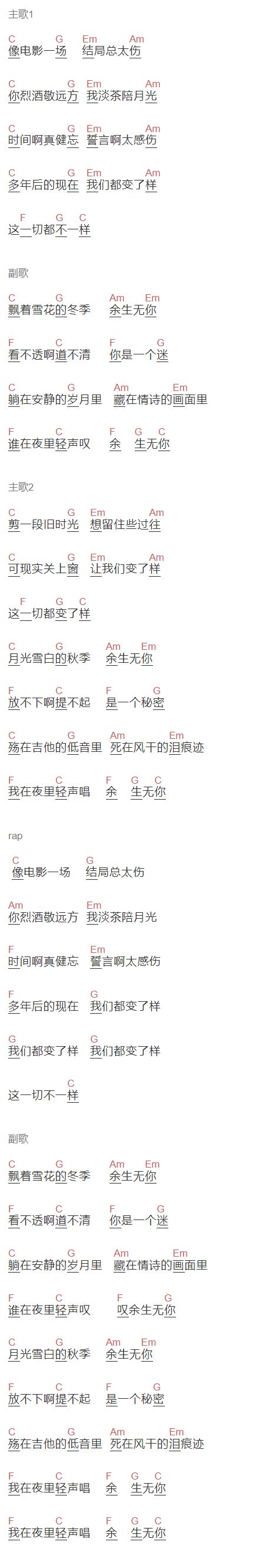 《余生无你》吉他谱简谱分解节奏型版本 C调编配和弦谱弹唱谱 原调c调 马喆国语版初级吉他谱 易谱库
