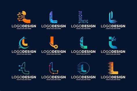 디지털 연결 개념과 함께 L 문자 로고 디자인 컬렉션 프리미엄 벡터