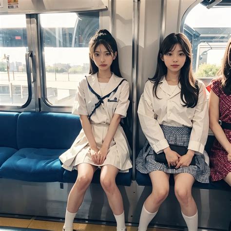 3人の女の子が電車の座席に脚を組んで座っています Seaart Ai