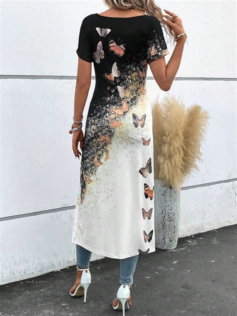 SHEIN LUNE Camiseta con estampado de mariposa de muslo con abertura Moda de Mujer SHEIN México