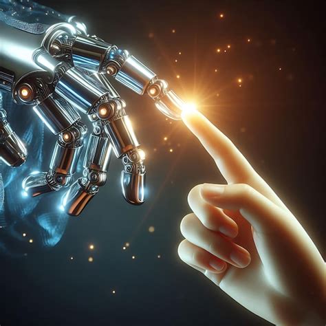 Artificial Intelligence Robot Finger Touching Human Finger Premium Ai Generated Image