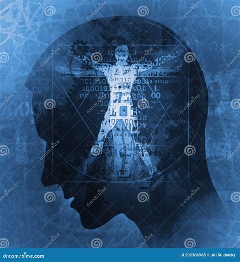 Vitruvian Man With Binary Codes On Cmyk Colors Background Cartoon Vector