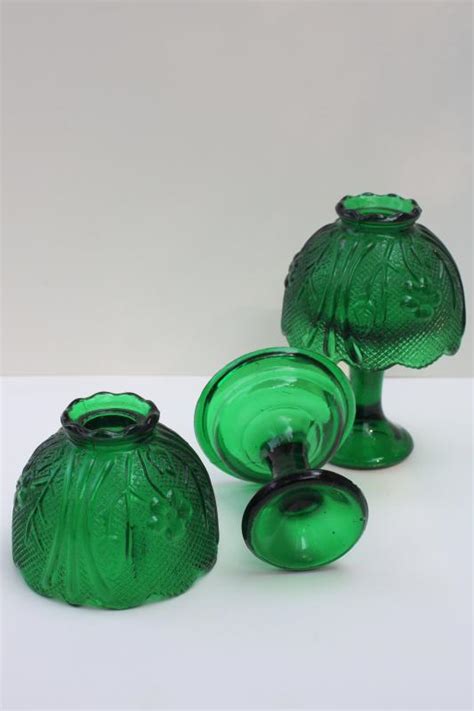Pair Vintage Emerald Green Glass Candle Lamps Pressed Glass Shade