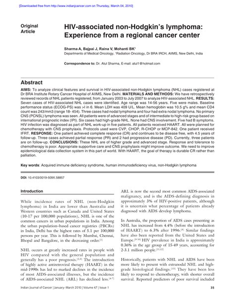 Pdf Hiv Associated Non Hodgkins Lymphoma Experience From A Regional