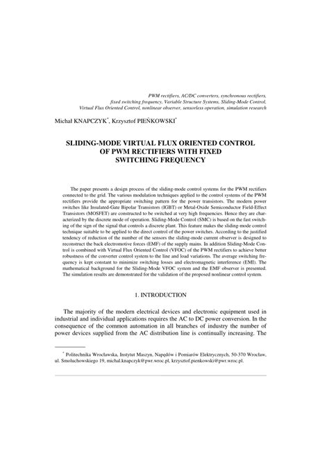 Pdf Sliding Mode Virtual Flux Oriented Control Of Pwm Rectifiers With Fixed Switching Frequency