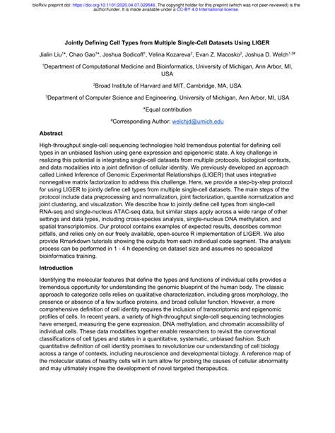 Pdf Jointly Defining Cell Types From Multiple Single Cell Datasets Using Liger