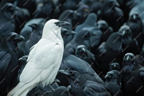 Uncommon Sight A White Crow In A Flock Of Black Crows Illustrating The