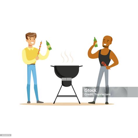 두 친구는 그릴에 바베 큐를 준비 하 고 맥주를 마시는 벡터 일러스트 레이 션 Barbecue Social Gathering