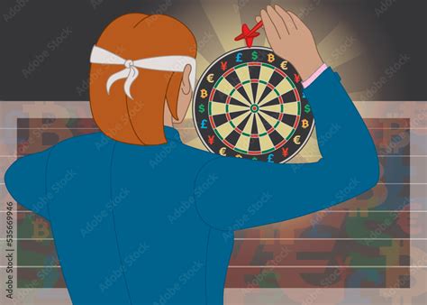 Businesswoman Wearing Blindfold Throwing Dart At Dart Board With Different Currency Symbols With