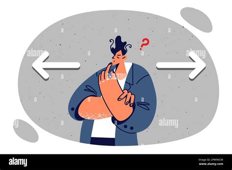 Thoughtful Man Near Two Arrows Pointing In Different Directions