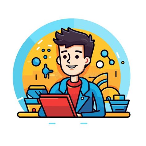 Vector Of A Man Working On A Laptop Computer In A Modern Office Setting