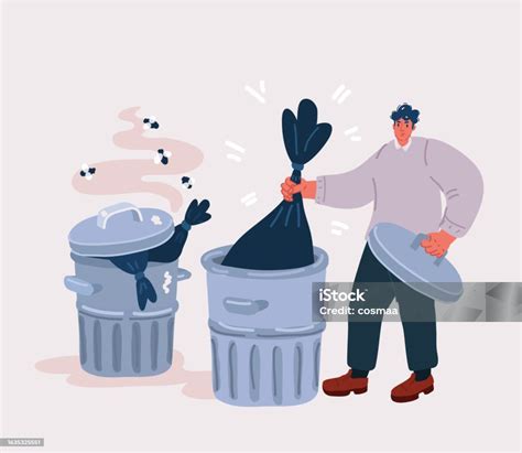 쓰레기 행동의 벡터 그림입니다 쓰레기 더미를 버리는 남자 컨테이너에 쓰레기를 버리는 남자의 그림 악취 쓰레기 쓰레기 가정 생활에