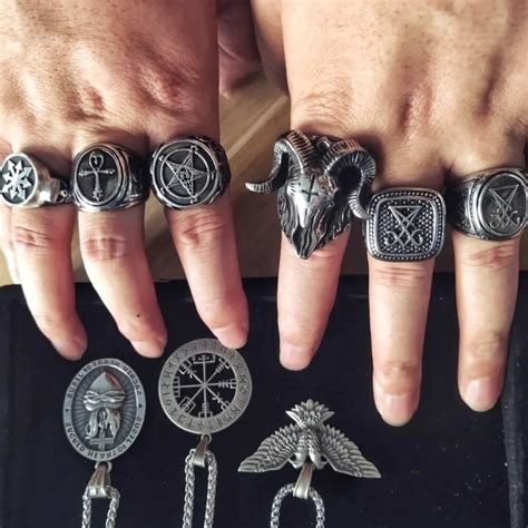 Dark Gothic Stainless Steel Ring Lucifer Emblem Satan Speckled Steel