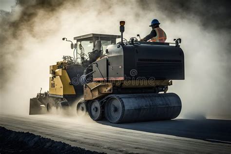 Worker Operating Asphalt Paver Machine Finisher During Road Construction And Repairing Works