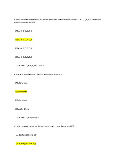 Ai Mcqs For A Perfect Binary Tree Of Bfs Resists The Nodes In The
