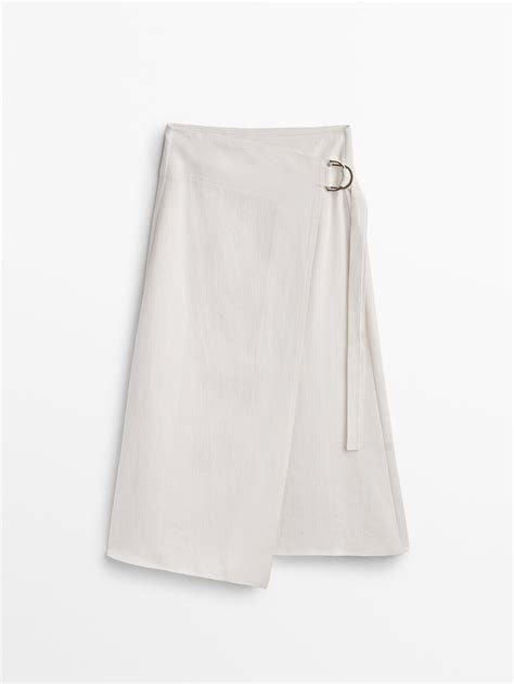 Massimo Dutti Linen Blend Wrap Midi Skirt With Buckle In Cream 67
