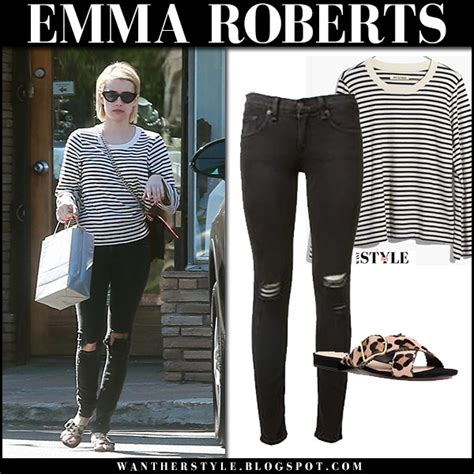 Emma Roberts In Striped Top And Black Ripped Jeans And Leopard Sandals