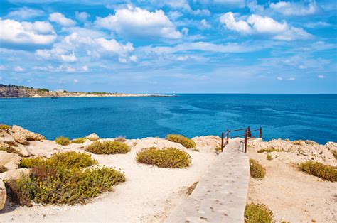 키프로스 케이프 그레코 근처의 푸른 하늘빛 물로 이어지는 돌 통로 많은 노란 관목과 꽃 극적인 흐린 하늘 놀라운 바다 가을의 따뜻하고 맑은 날 0명에 대한 스톡 사진 및