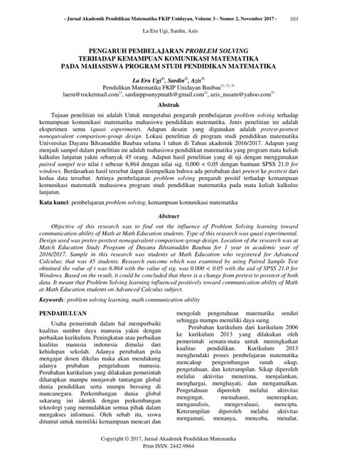 Pdf Pengaruh Pembelajaran Problem Solving Terhadap Kemampuan Komunikasi Matematika Pada