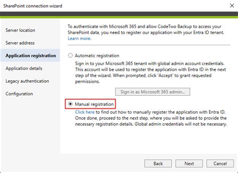 creating data backup server connections connecting to sharepoint