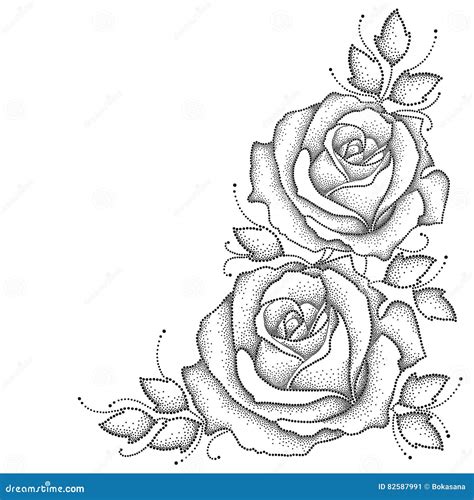 与两被加点的玫瑰色花和叶子的传染媒介例证在白色背景的黑色 花卉元素以开放上升了 向量例证 插画 包括有 刺字 艺术 82587991