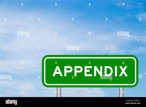 Green Color Transportation Sign With Word Appendix On Blue Sky With White Cloud Background Stock