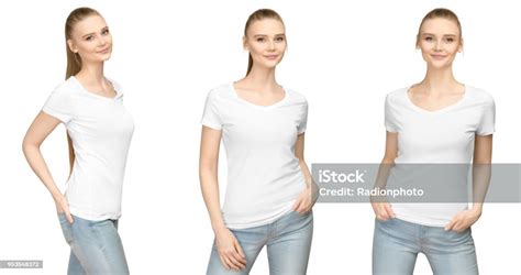 세트 프로 모션 인쇄 및 T셔츠 앞에 템플릿 젊은 여자 및 절반 차례 클리핑 패스와 측면 보기 절연 흰색 배경 개념에 대 한 빈 흰색 Tshirt 이랑 디자인 소녀 포즈 T