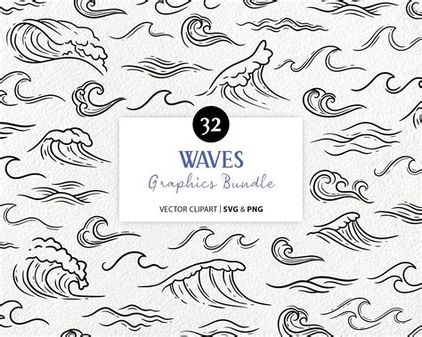 32 Waves Vector Clipart Hand Drawn Wave Line Graphics Beach Etsy