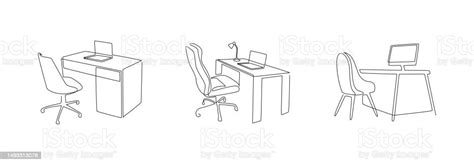 하나의 연속적인 선 그리기에 홈 오피스 인테리어 세트 심플한 선형 스타일의 컴퓨터가 있는 현대적인 작업 테이블과 의자 편집